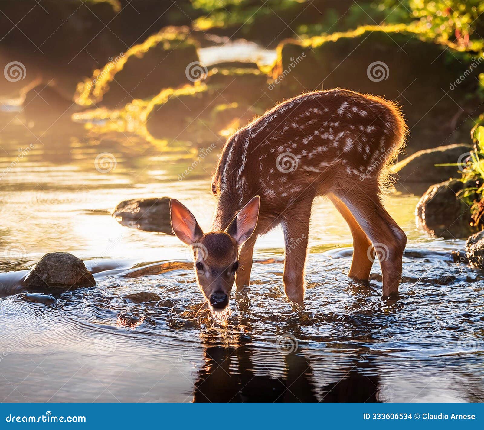 Little Deer Crosses a Stream in the Woods at Dawn. Stock Photo - Image ...