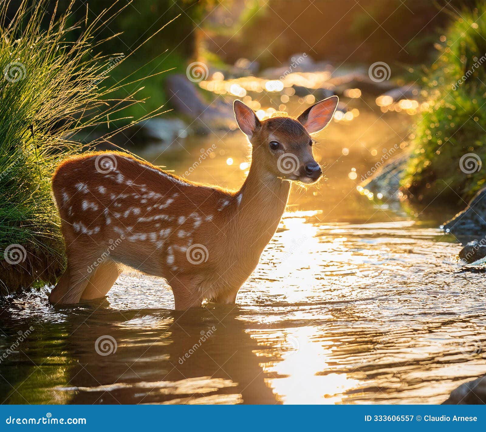 Little Deer Crosses a Stream in the Woods at Dawn. Stock Image - Image ...