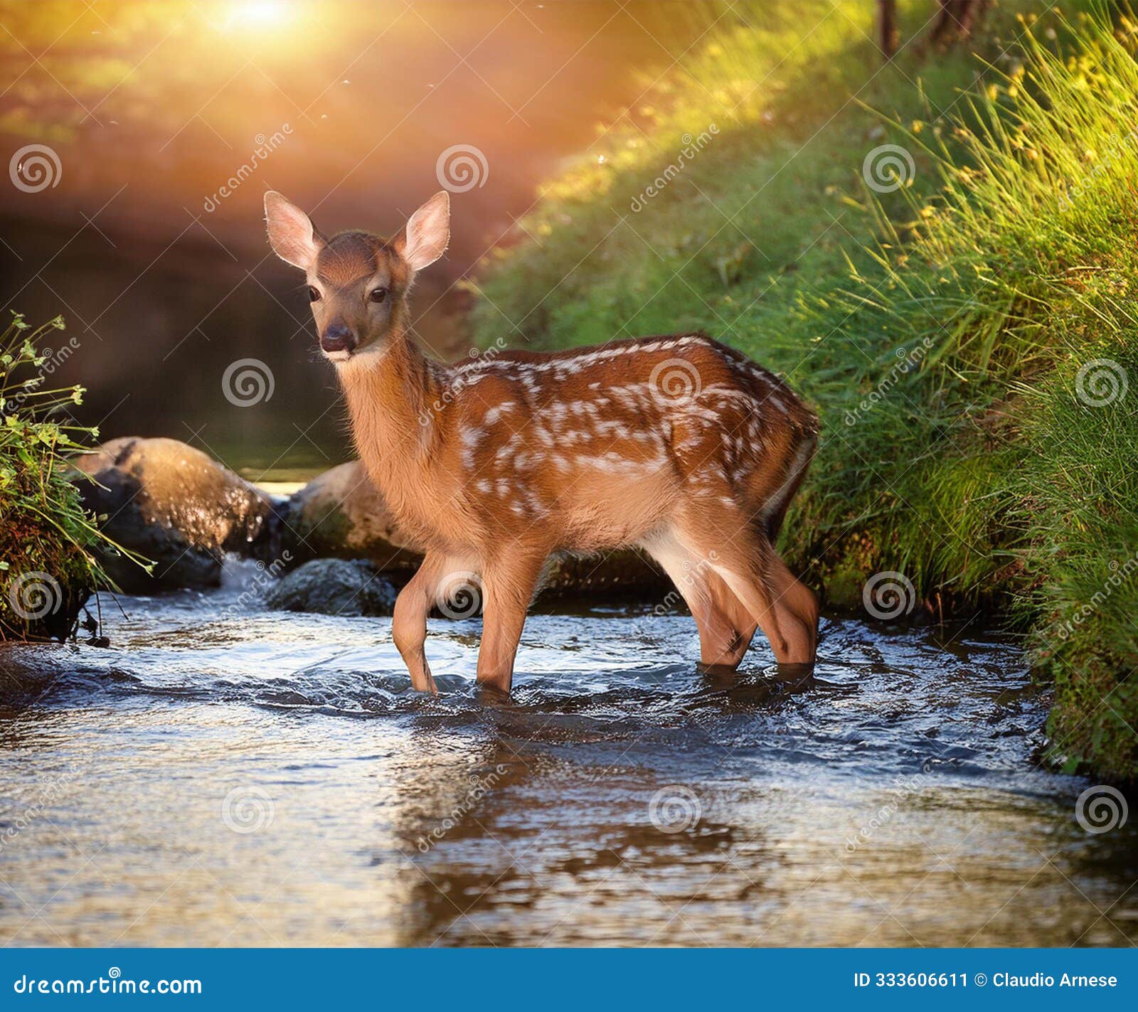 Little Deer Crosses a Stream in the Woods at Dawn. Stock Illustration - Illustration of autumn ...