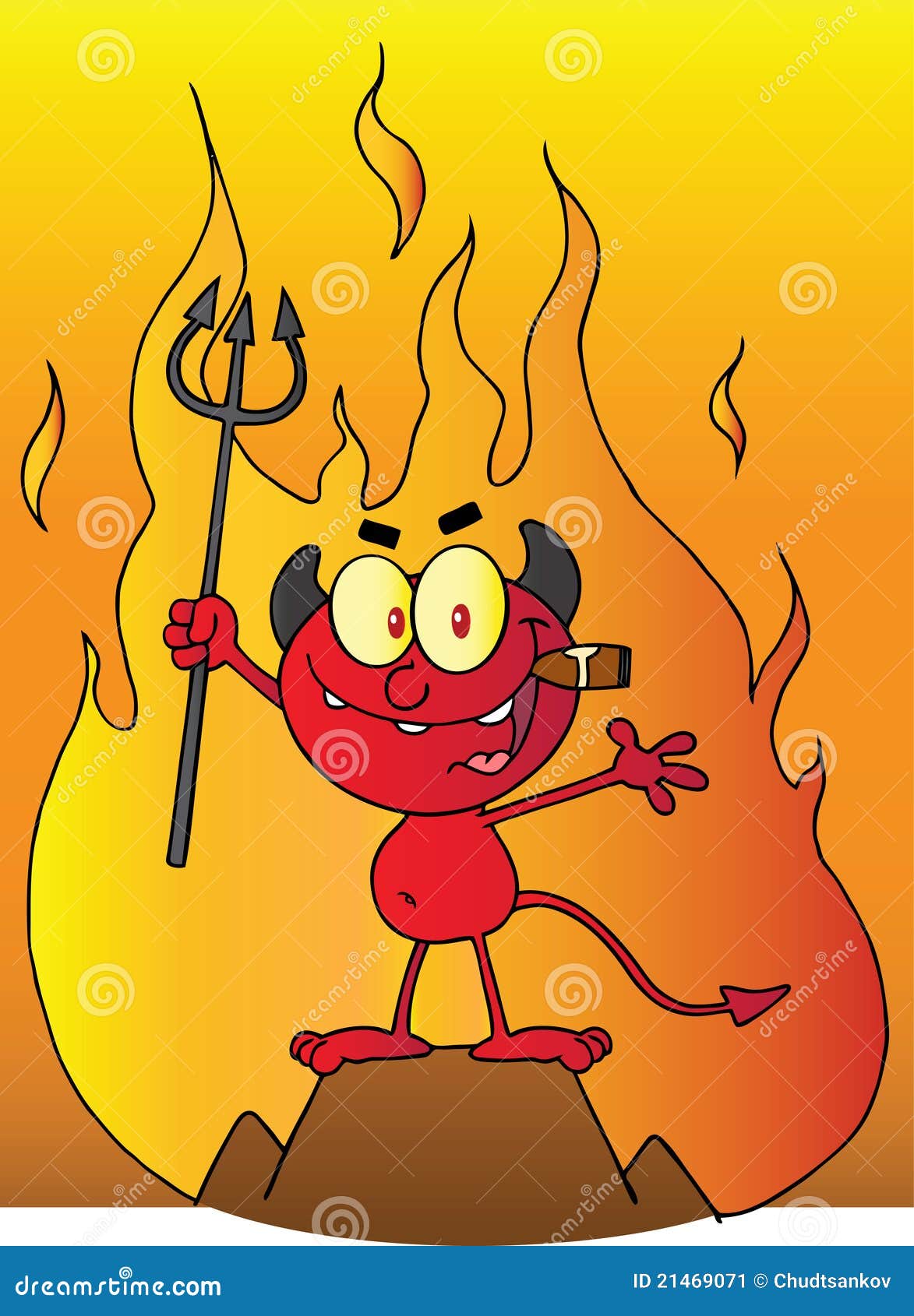 Little Devil Smoking a Cigar in Front of Flames Stock Vector ...