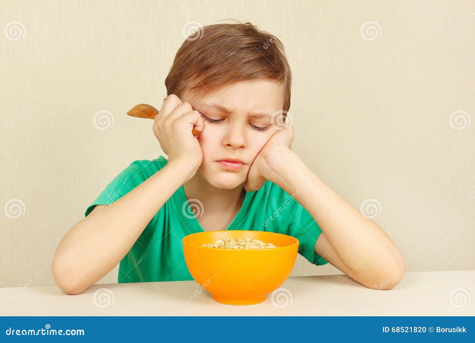 Little Discontented Children Does Not Want To Eat Pasta With Vegetables ...