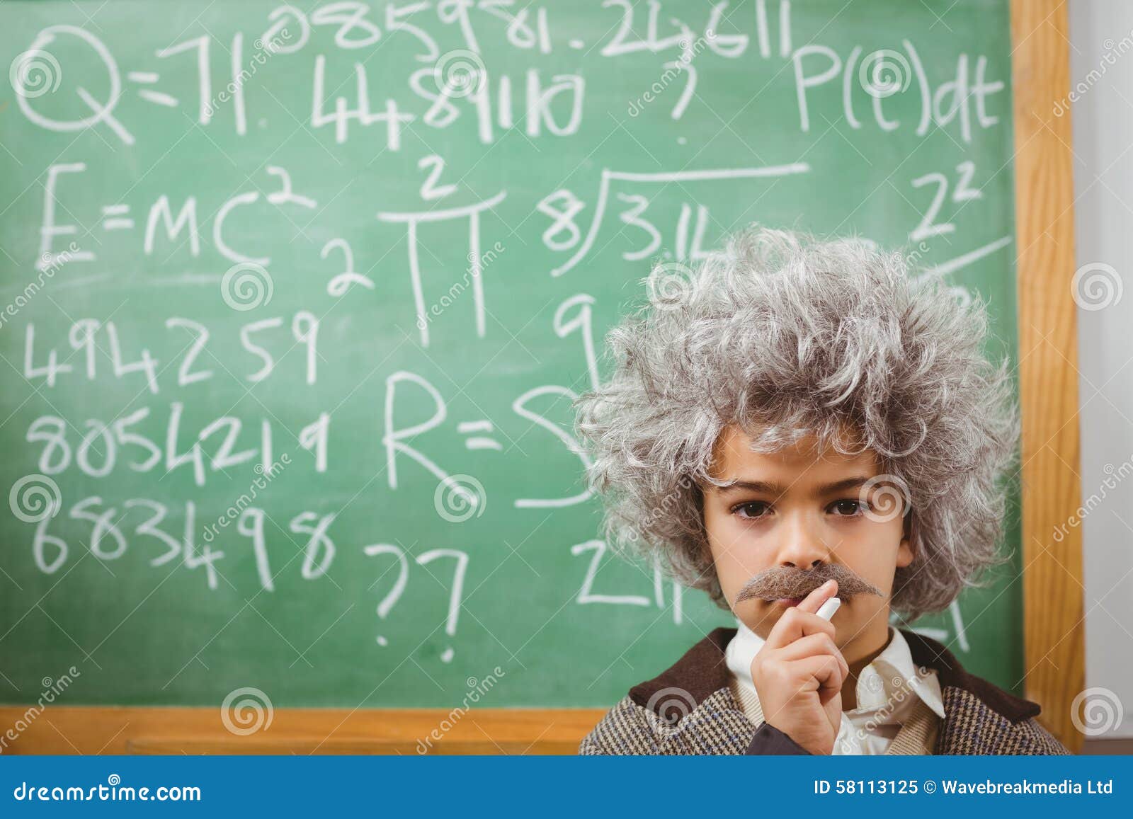 Little Einstein Thinking in Front of Chalkboard Stock Image - Image of ...