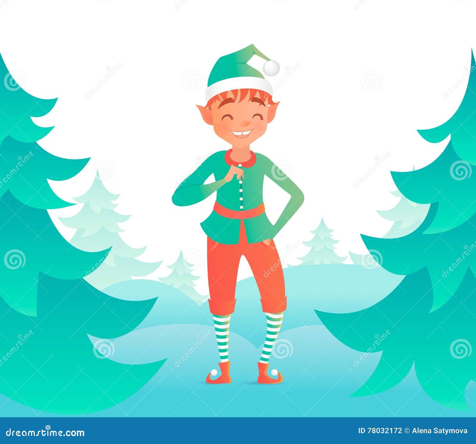 Little Elf Standing Near the Christmas Tree. Vector Design Template ...