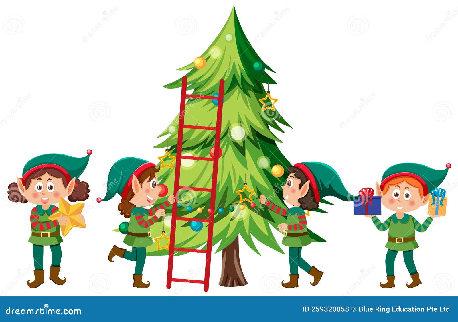 Little Elves with Christmas Tree Stock Vector - Illustration of graphic ...