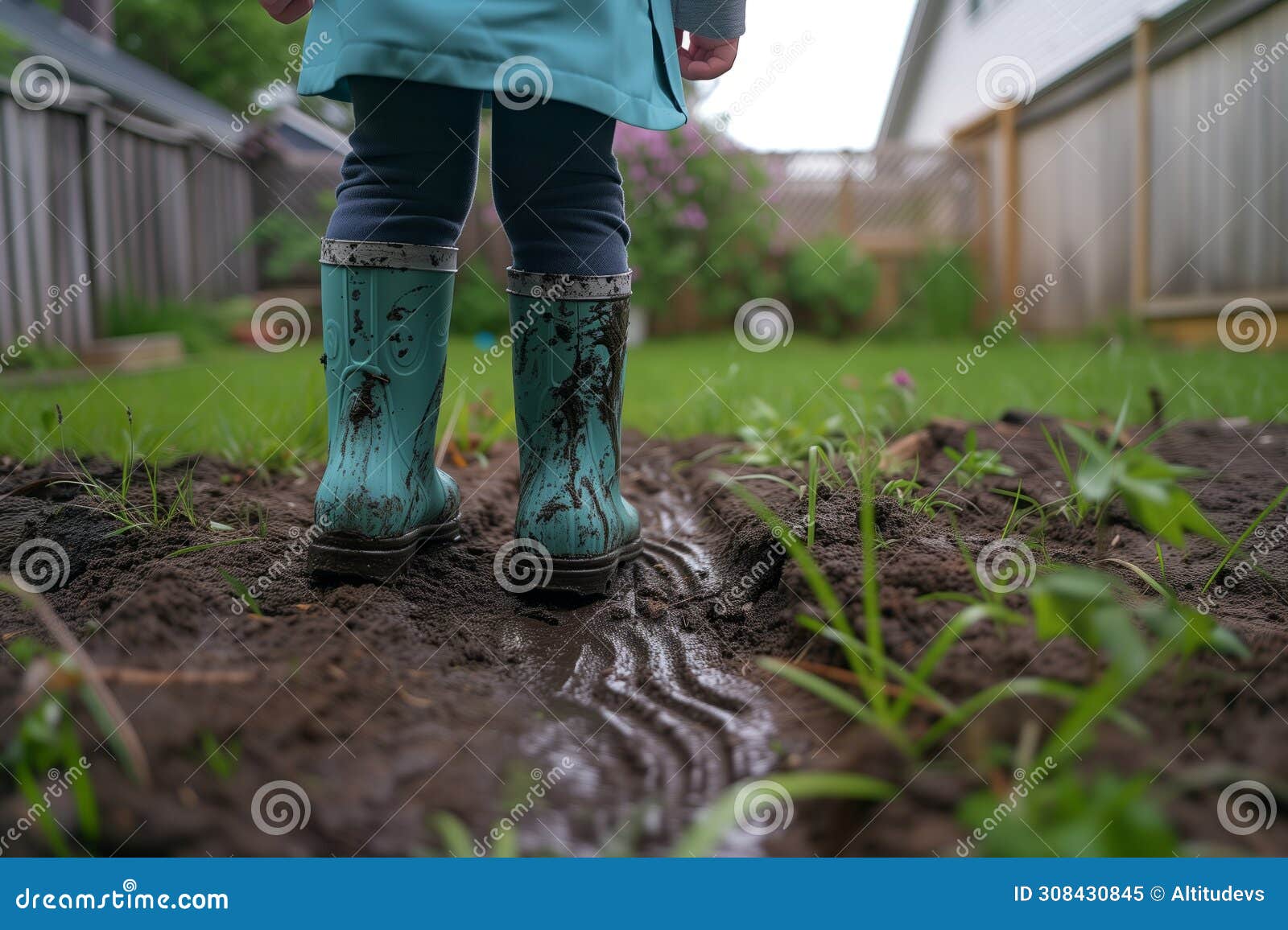 Little Feet in Rain Boots Making Tracks in a Backyard Mud Patch Stock ...