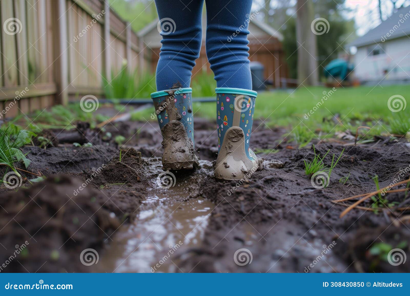 Little Feet in Rain Boots Making Tracks in a Backyard Mud Patch Stock ...