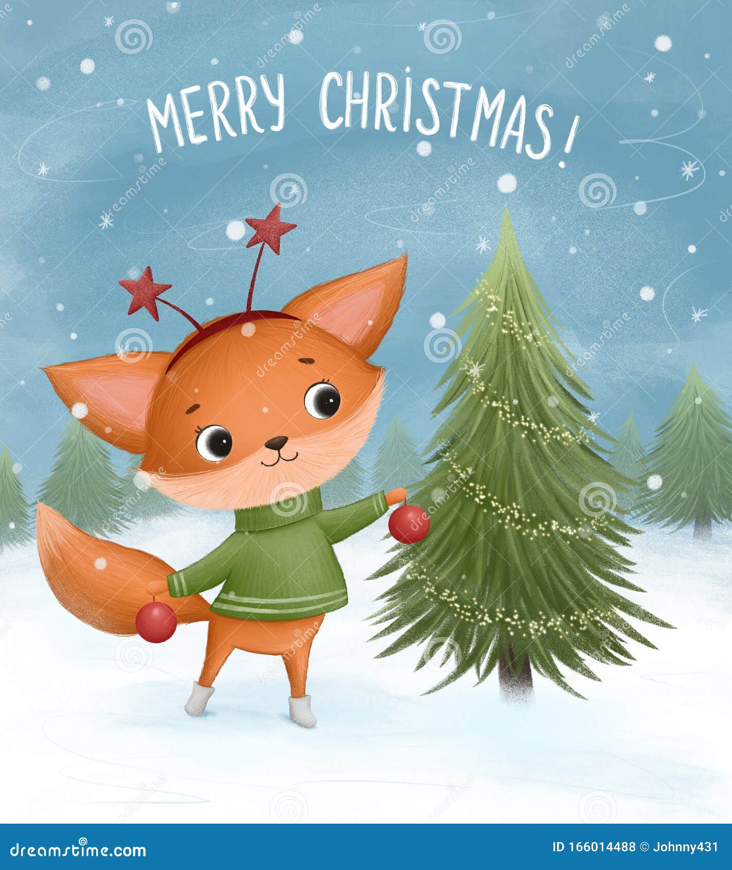 Little Fox Decorates a Christmas Tree Stock Illustration - Illustration ...