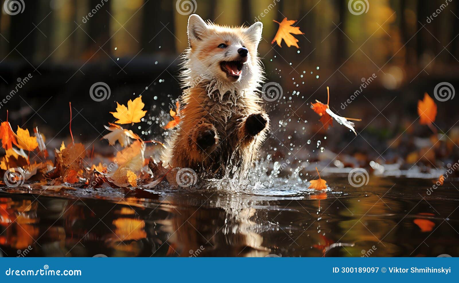 Little Fox Playing with Maple Leaves in a Puddle Stock Illustration ...