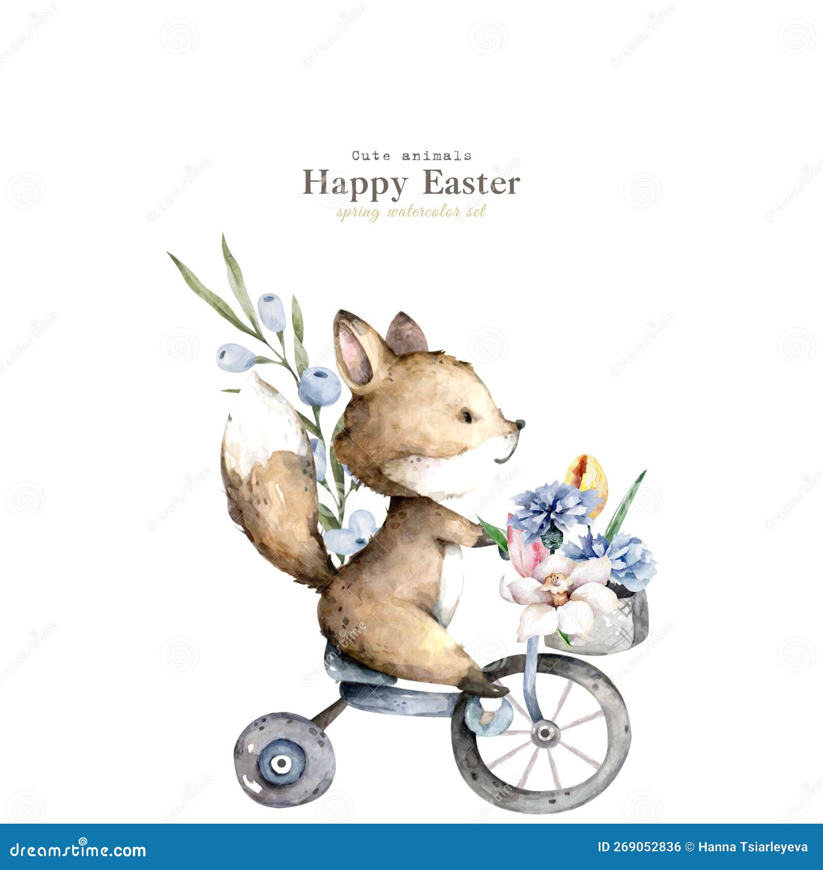 Little Fox Rides a Bicycle Watercolor. Hello Spring Animals Stock ...