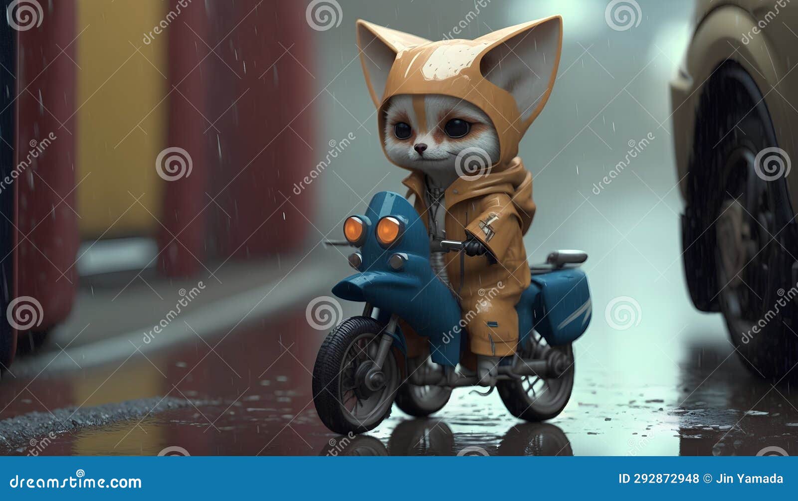 The Little Fox is Riding a Scooter in the Rain, 3d Render Stock ...
