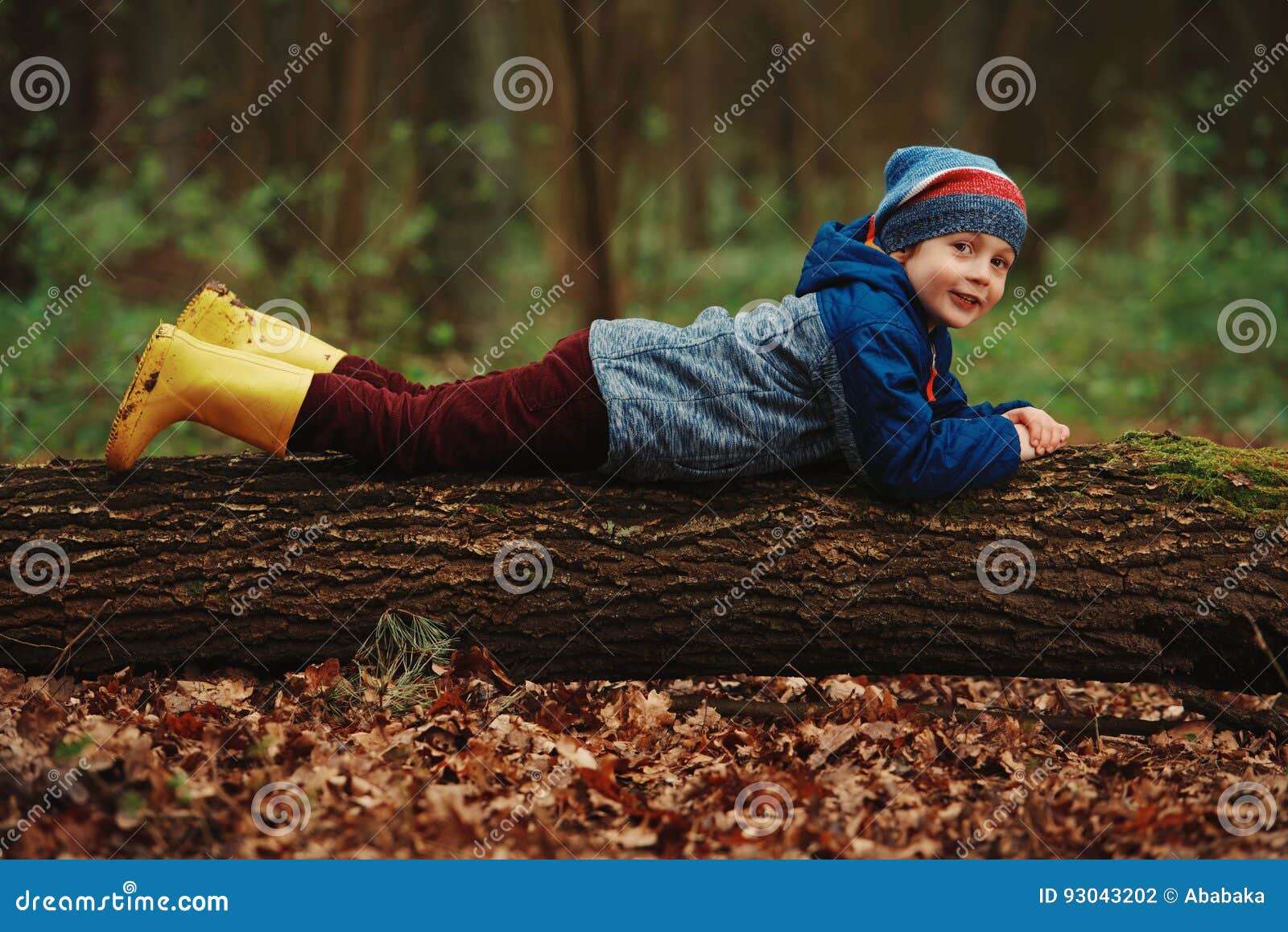 Little Funny Boy on Big Log Stock Photo - Image of view, nature: 93043202