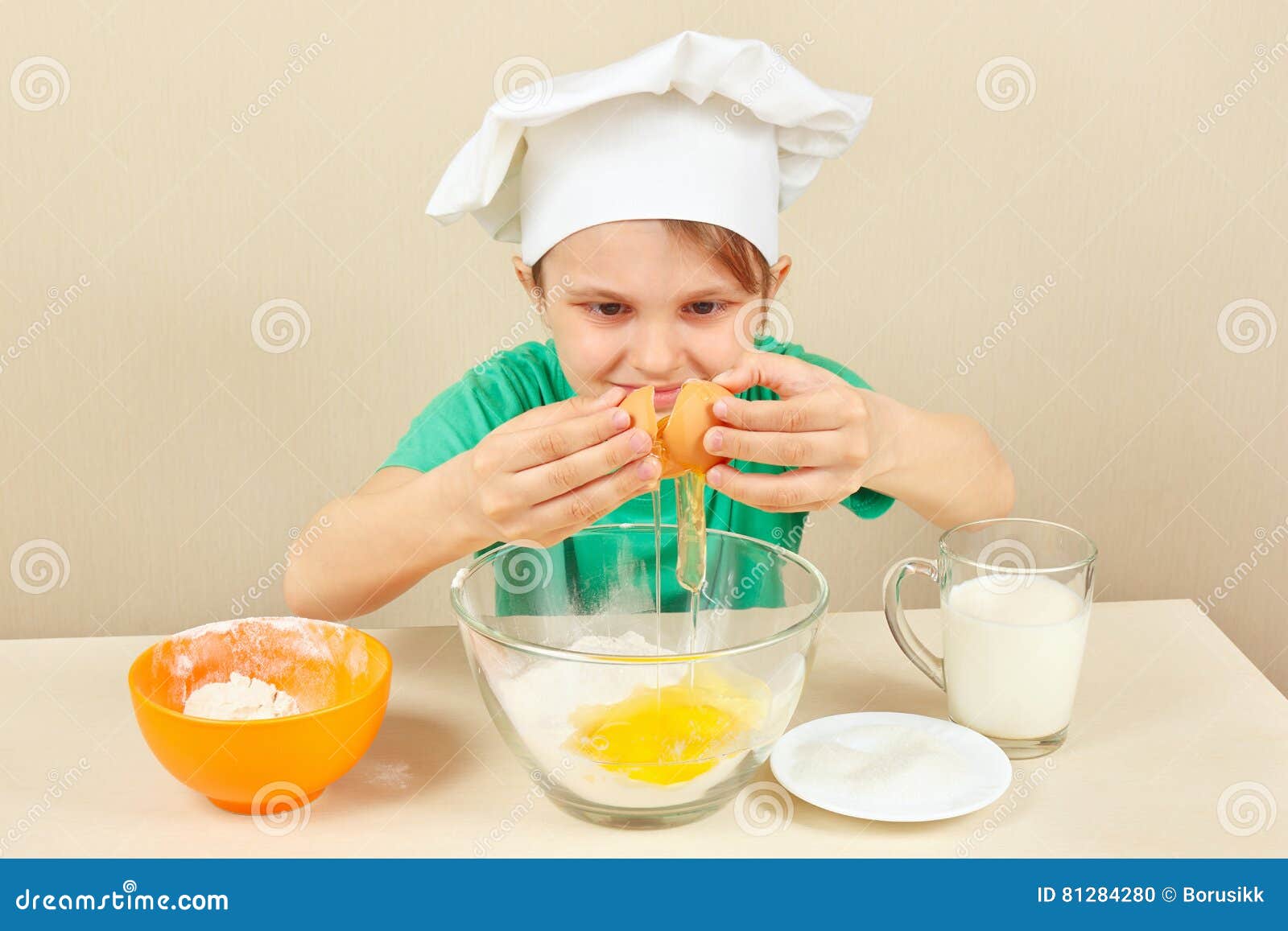 Little Funny Chef Pours Eggs for Baking Cake Stock Photo - Image of ...