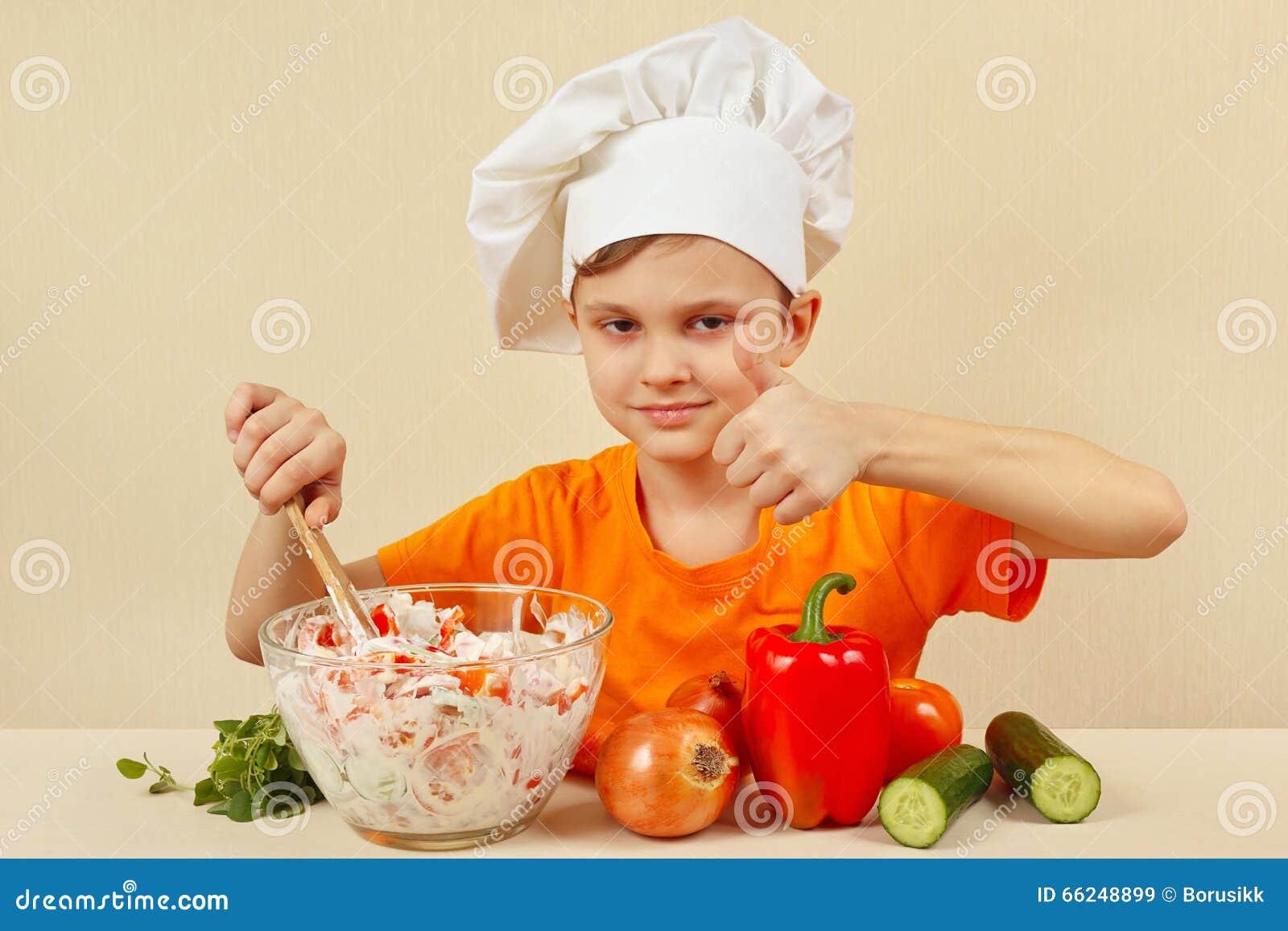 Little Funny Chef Prepared Salad of Fresh Vegetables Stock Image ...