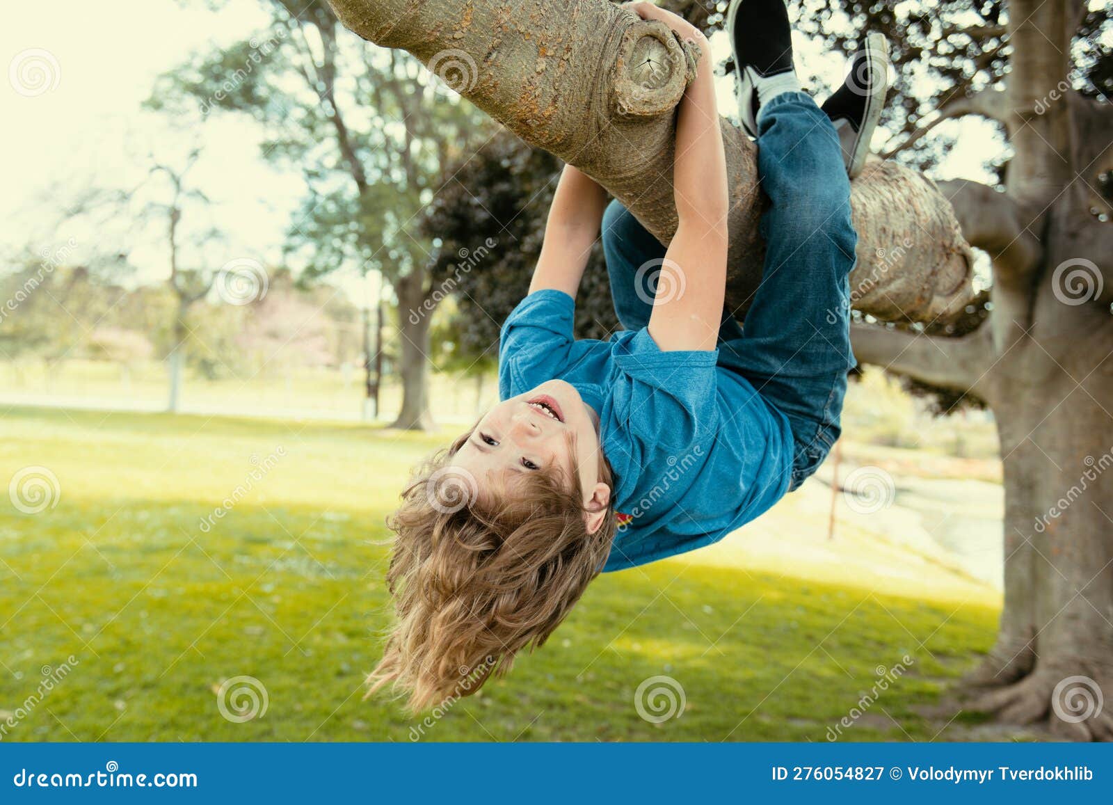 Little Funny Kid Climbing Tree in the Park Stock Image - Image of happy ...