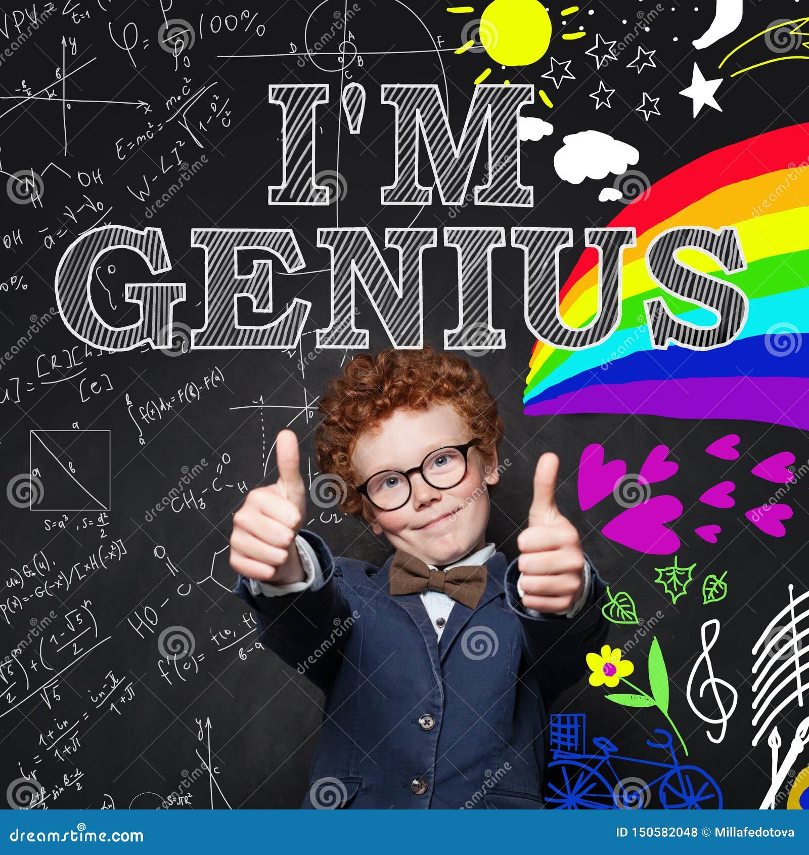 Little Genius. Cute Child on Blackboard with Science Formula and Arts ...