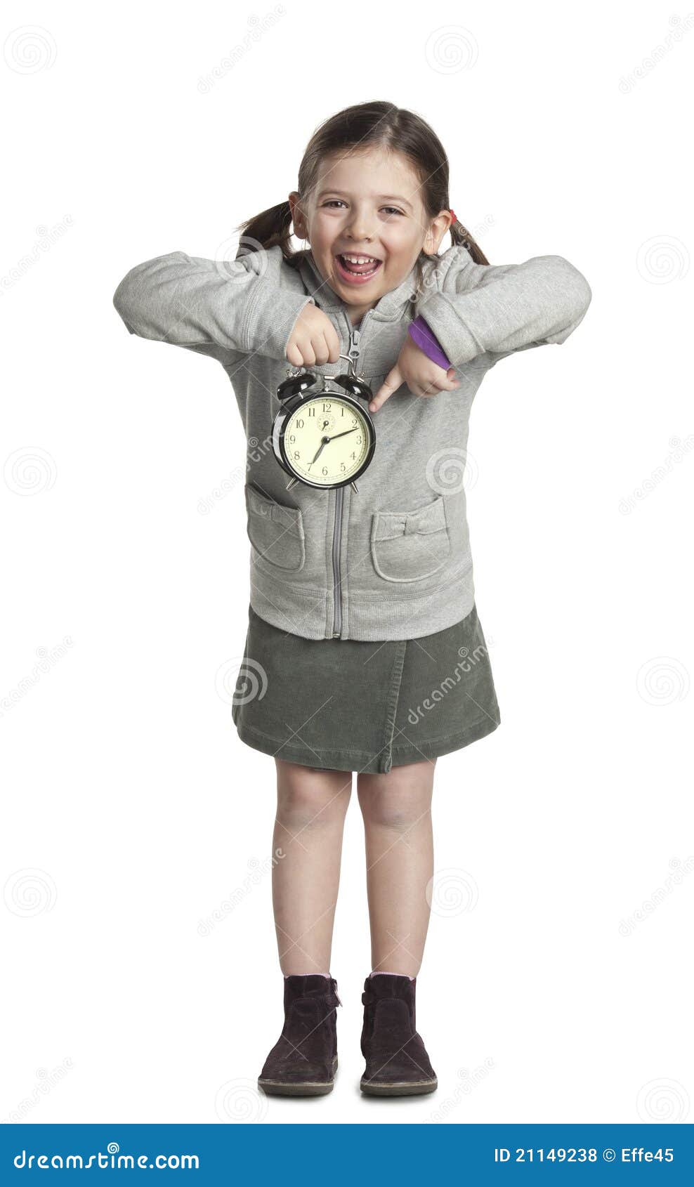 Girl With Alarm Clock. Set Up Alarm Clock. Child Little Girl Hold Red ...