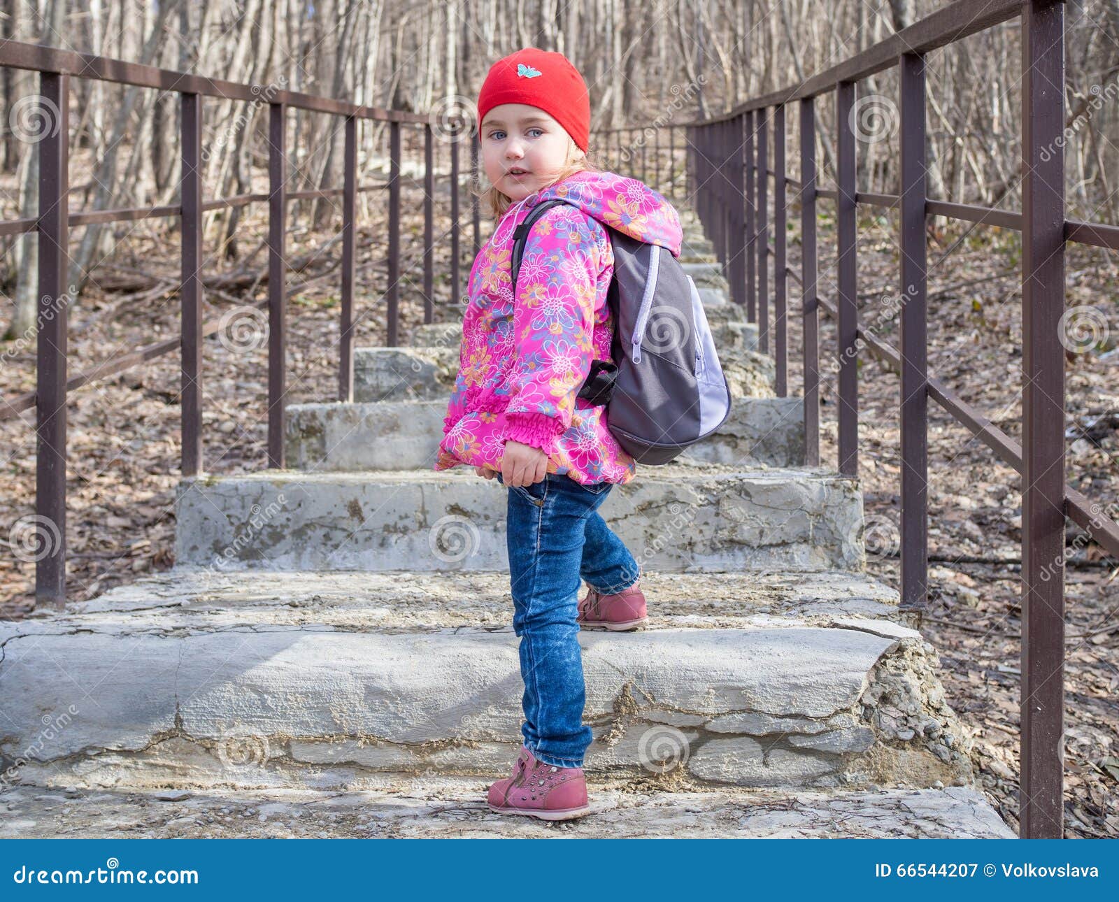 Little Girl with a Backpack Going Up the Stairs. Stock Image - Image of ...