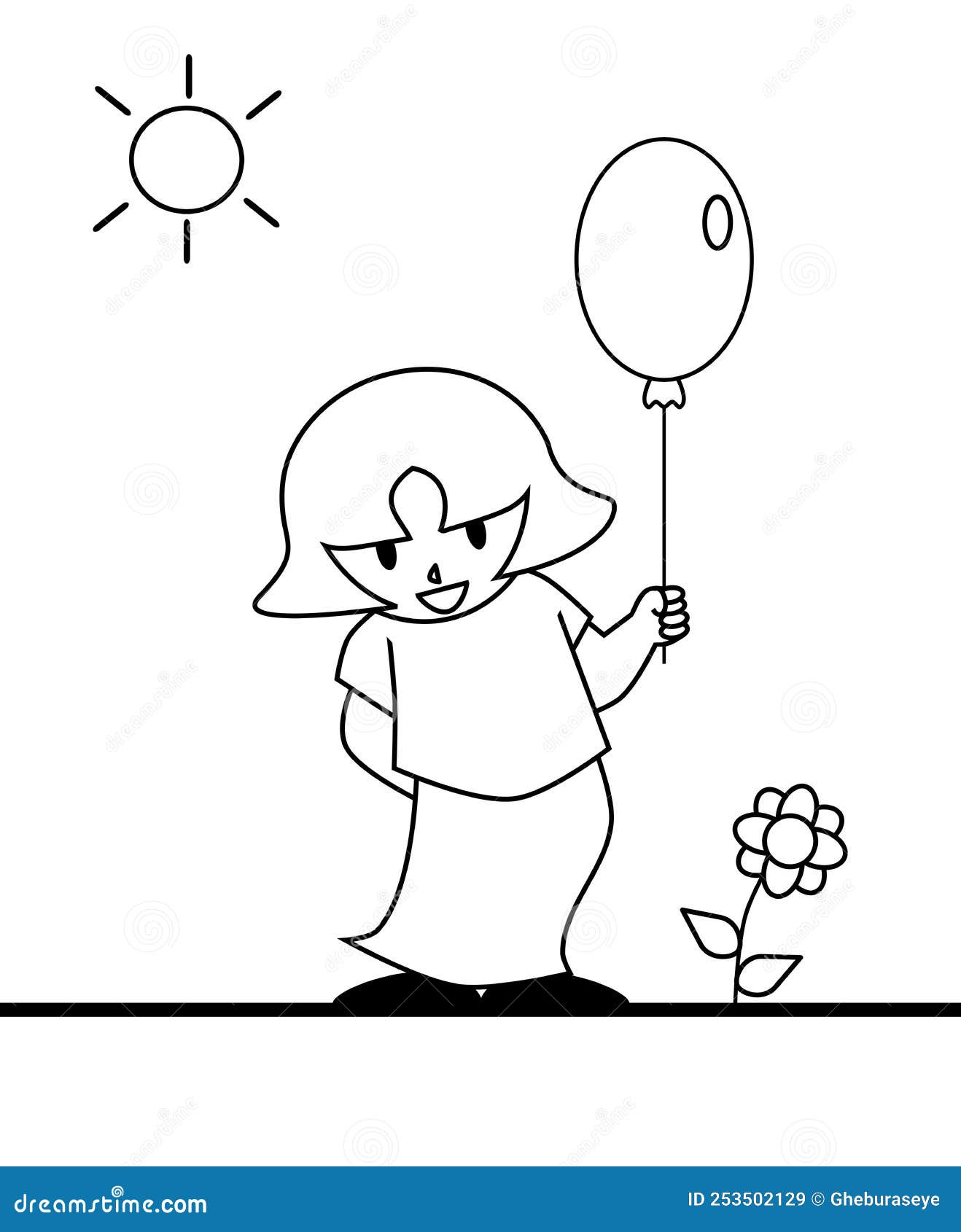 Little Girl with Balloon, Image for Children, Black and White. Stock ... Little Girl with Balloon, Image for Children, Black and White. Stock ...