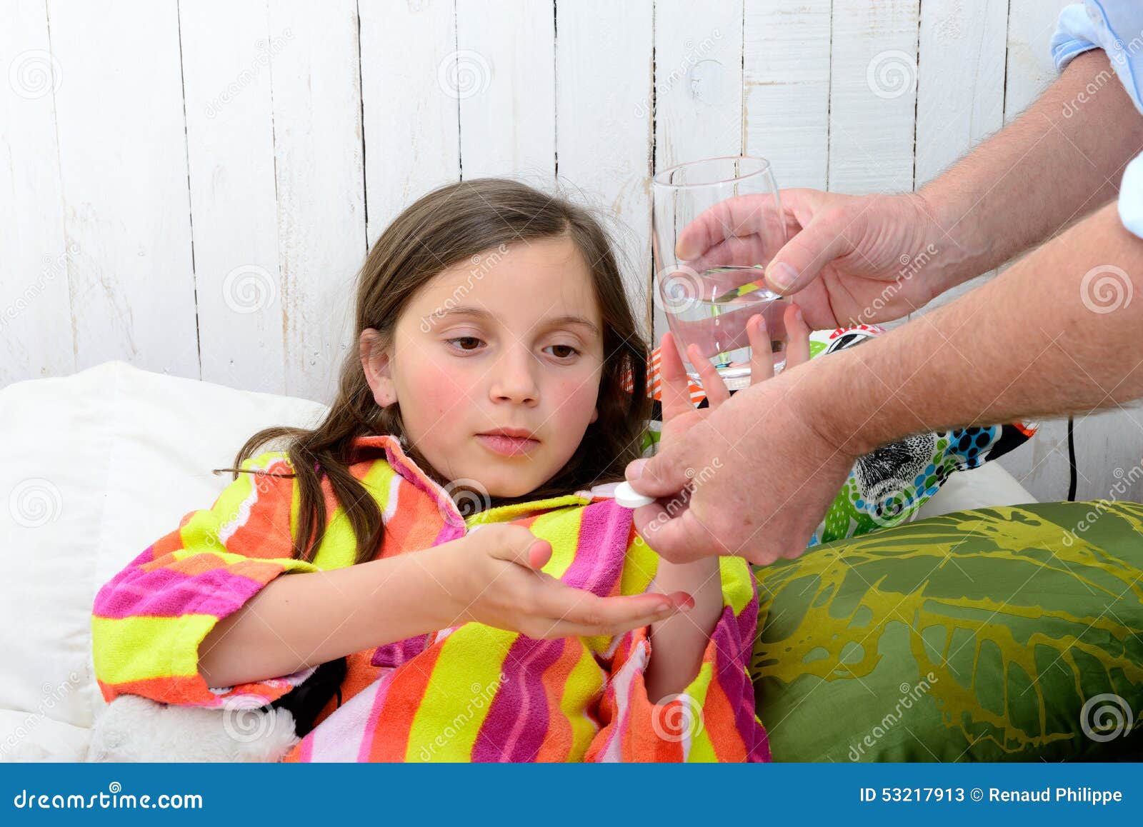 A Little Girl in Bed Taking Tablet Stock Image - Image of child, ache ...