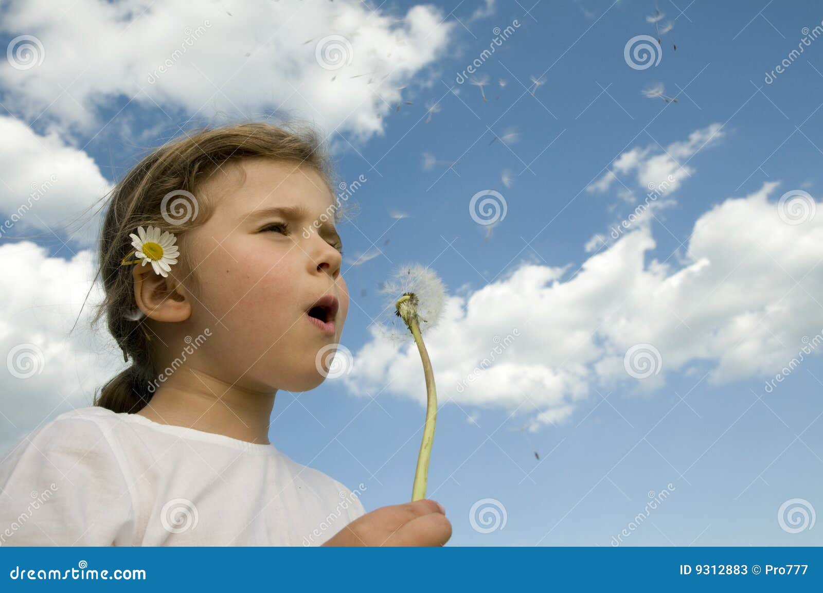 Little Girl Blowing Dandelion Stock Image - Image of blue, outdoors ...