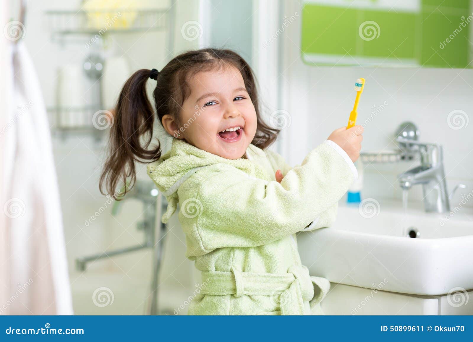 Little Girl Brushing Teeth in Bath Stock Image - Image of clean ...