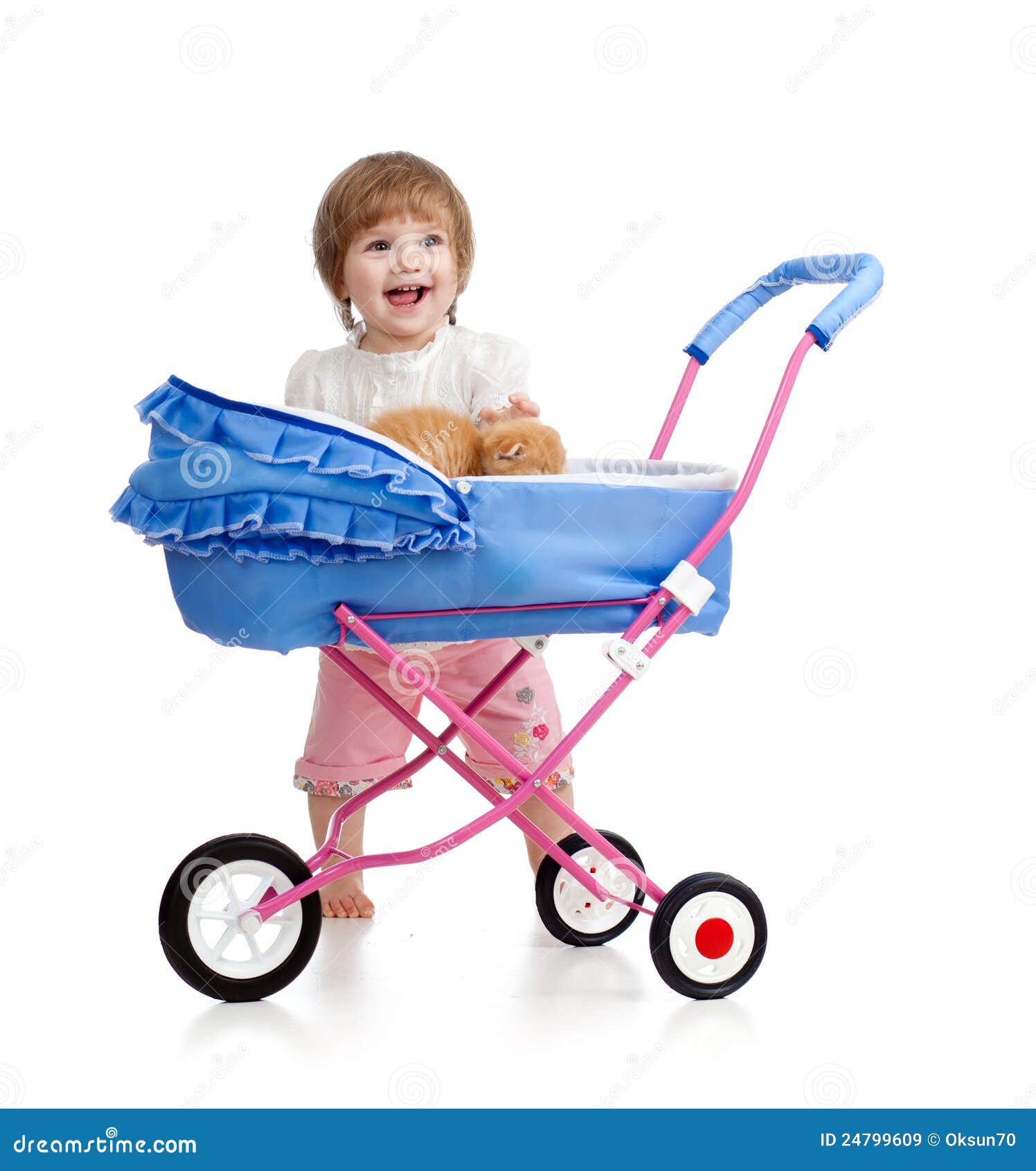 Little Girl with Buggy and Kitten Inside Stock Image - Image of girl ...