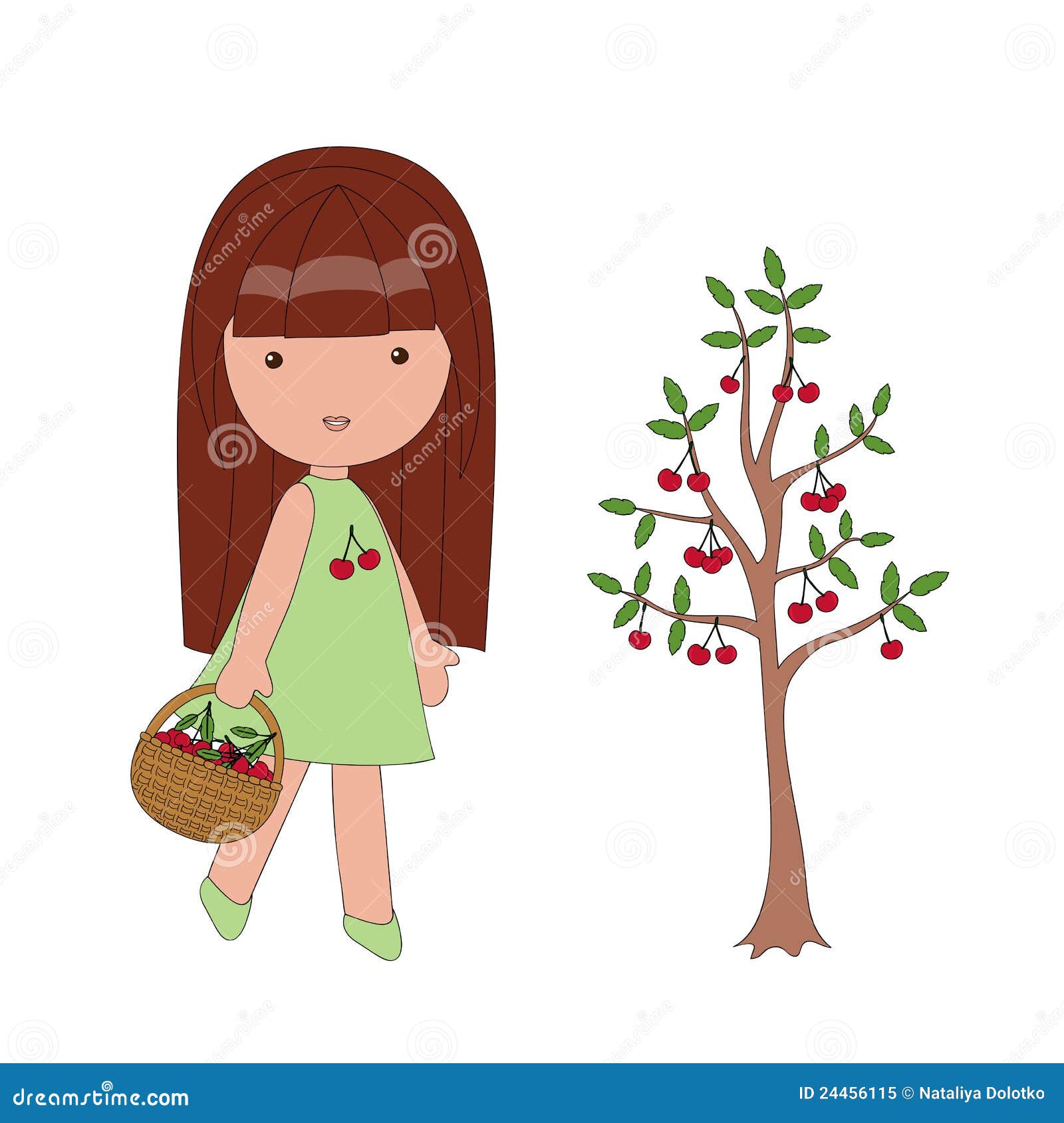 Little Girl and Cherry Tree Stock Vector - Illustration of dress, color ...