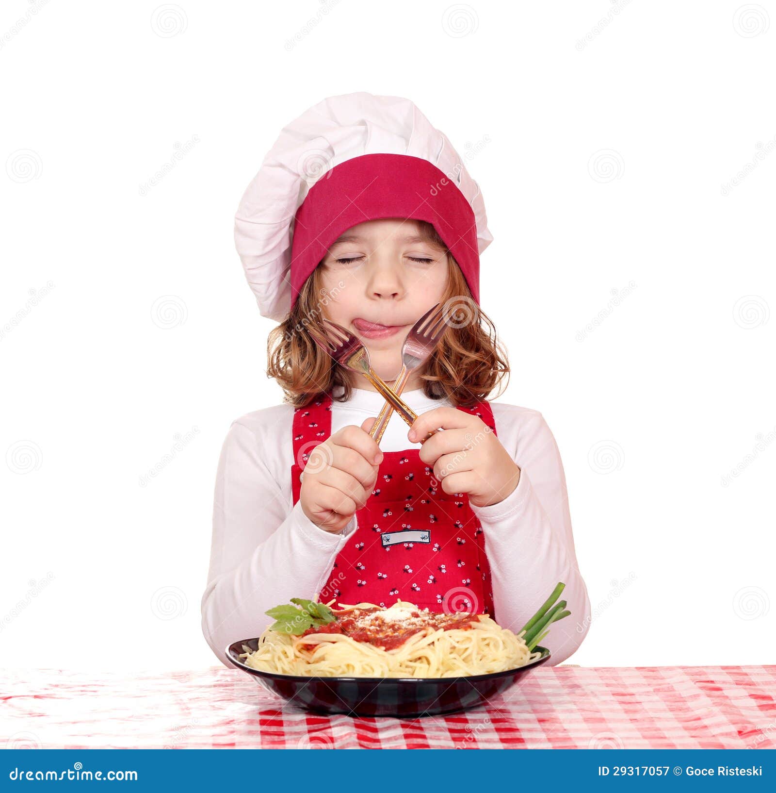 Little Girl Cook Eat Spaghetti Stock Image - Image of chief, caucasian ...