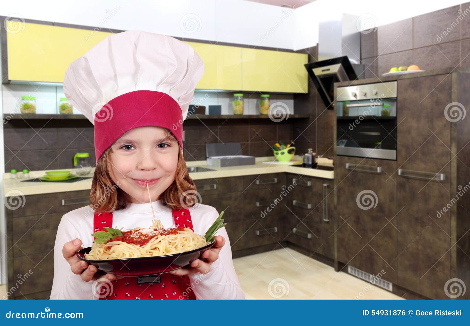 Little Girl Cook Eat Spaghetti Stock Photo - Image of meal, female ...