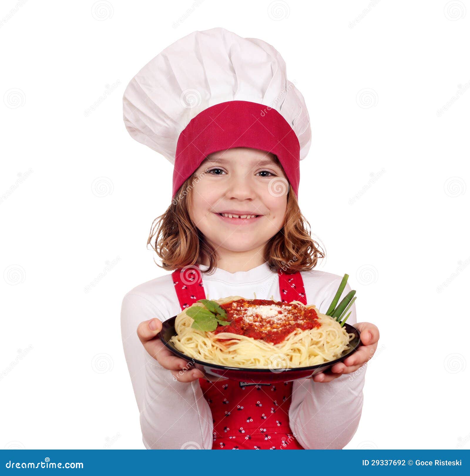 Little Girl Cook Holding Dish with Spaghetti Stock Photo - Image of ...