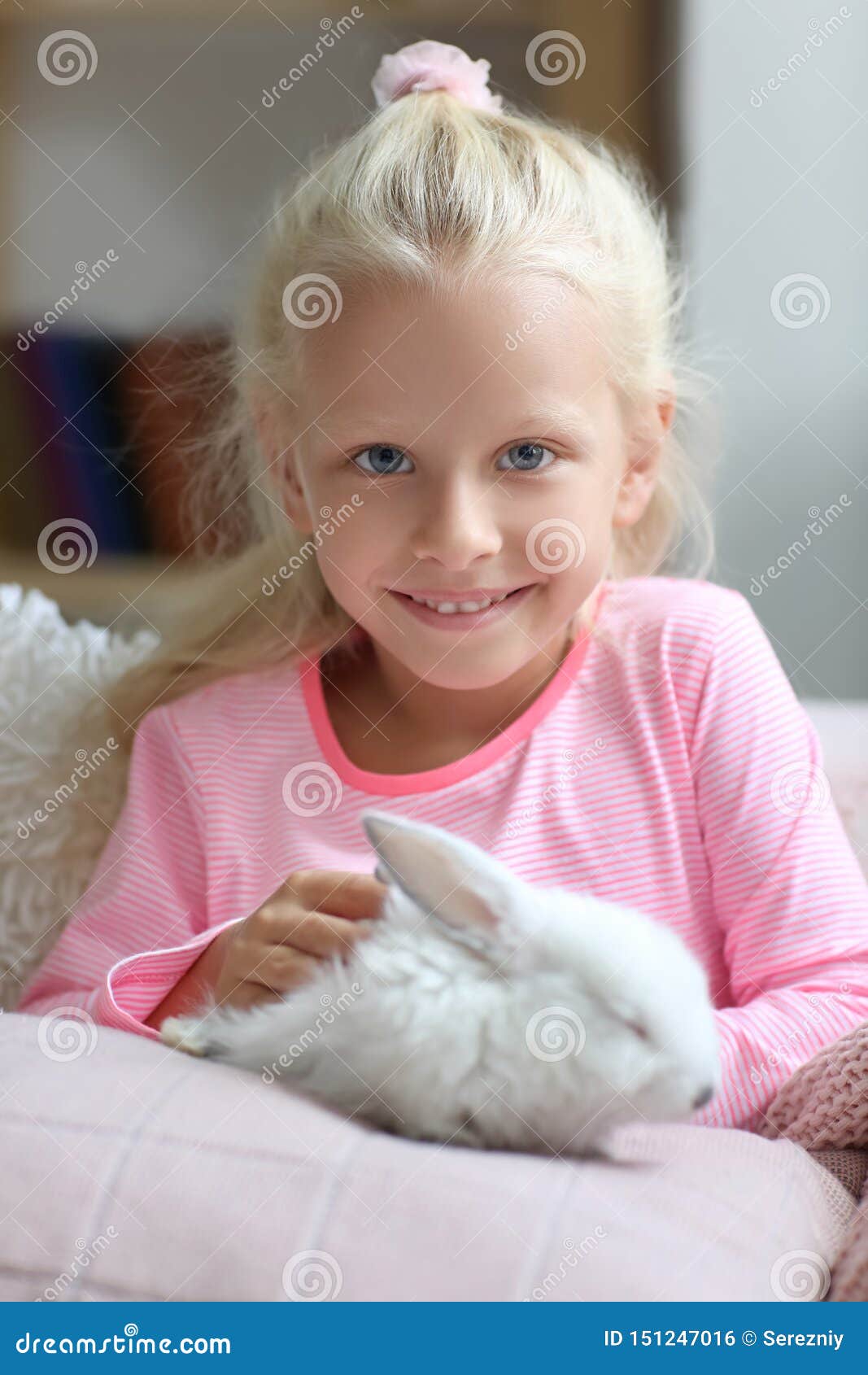Little Girl with Cute Rabbit at Home Stock Photo - Image of person ...