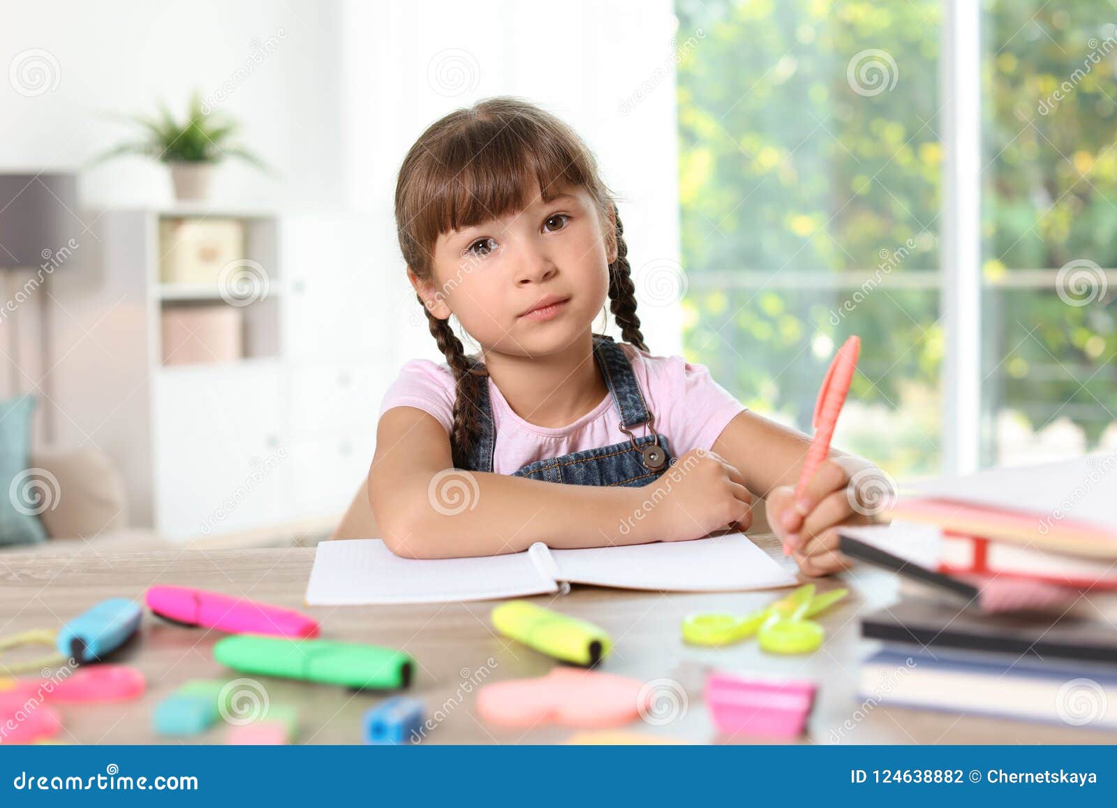 Little Girl Doing Assignment at Home Stock Photo - Image of portrait ...