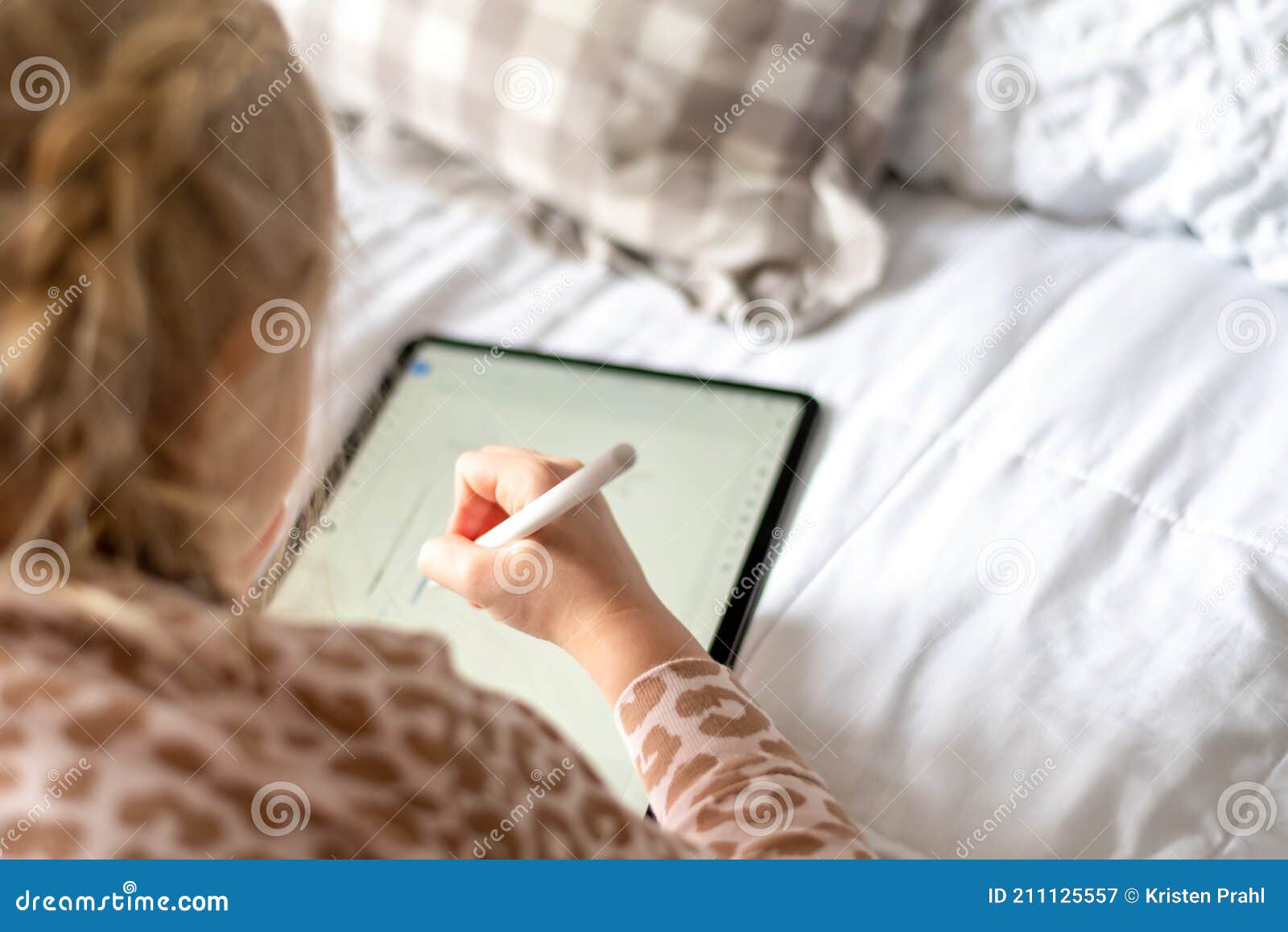Little Girl Writing on a Digital Tablet Stock Image - Image of modern ...