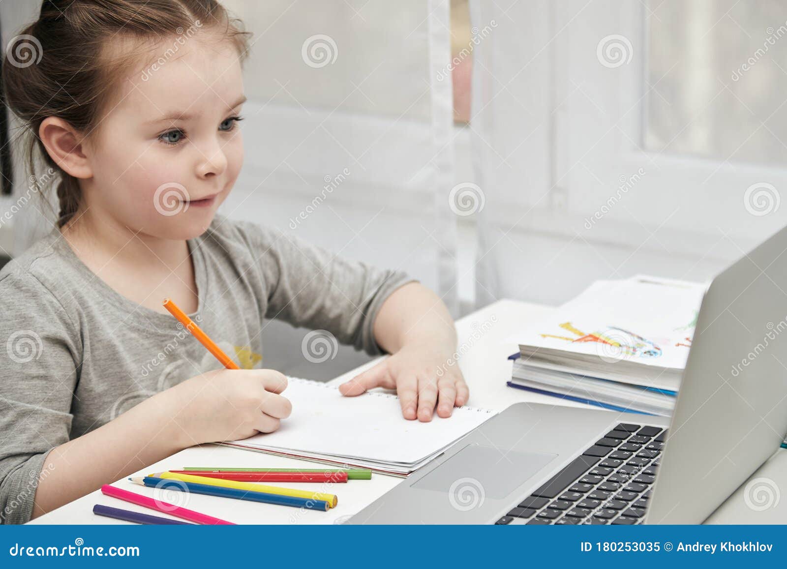 Little Girl Doing Homework at Home at the Table Stock Image - Image of ...