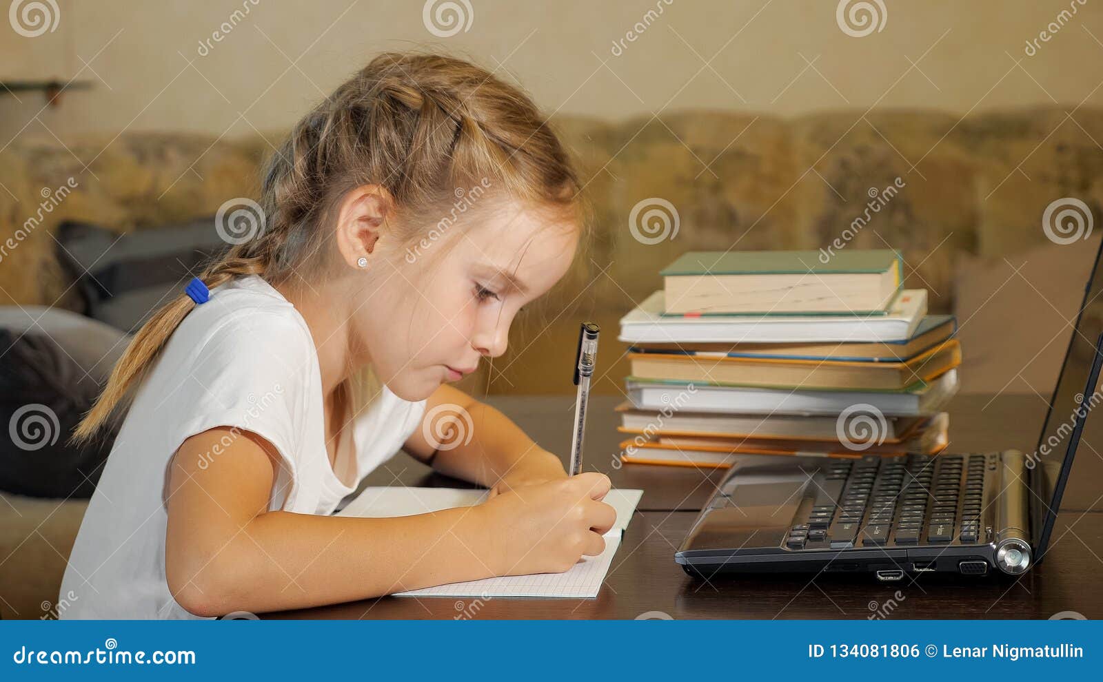 Little Girl Doing Homework with Laptop Stock Photo - Image of internet ...