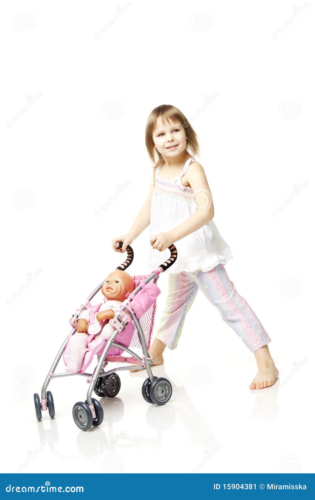 Little Girl with a Doll in the Pram Stock Image - Image of child ...