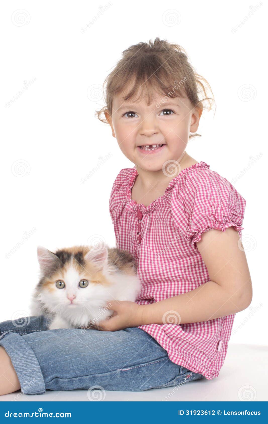 Little Girl with Domestic Kitten Stock Photo - Image of cuddle, hold ...