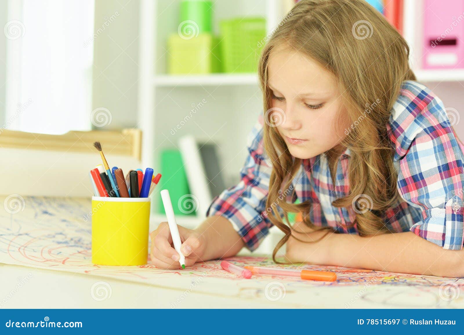 Little Girl Drawing at Class Stock Image - Image of caucasian ...