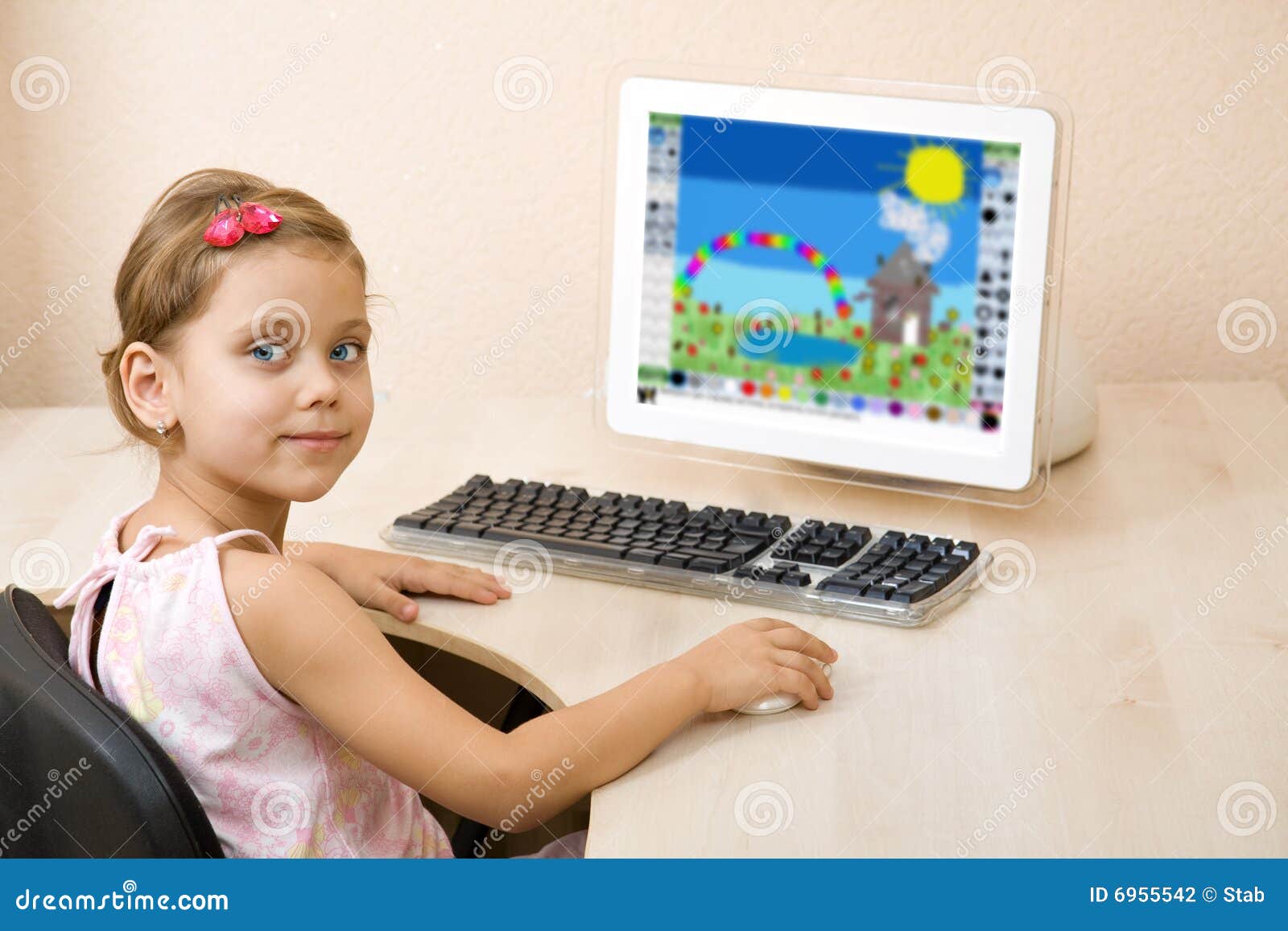 Little Girl Draws at the Computer Stock Photo - Image of preschooler ...
