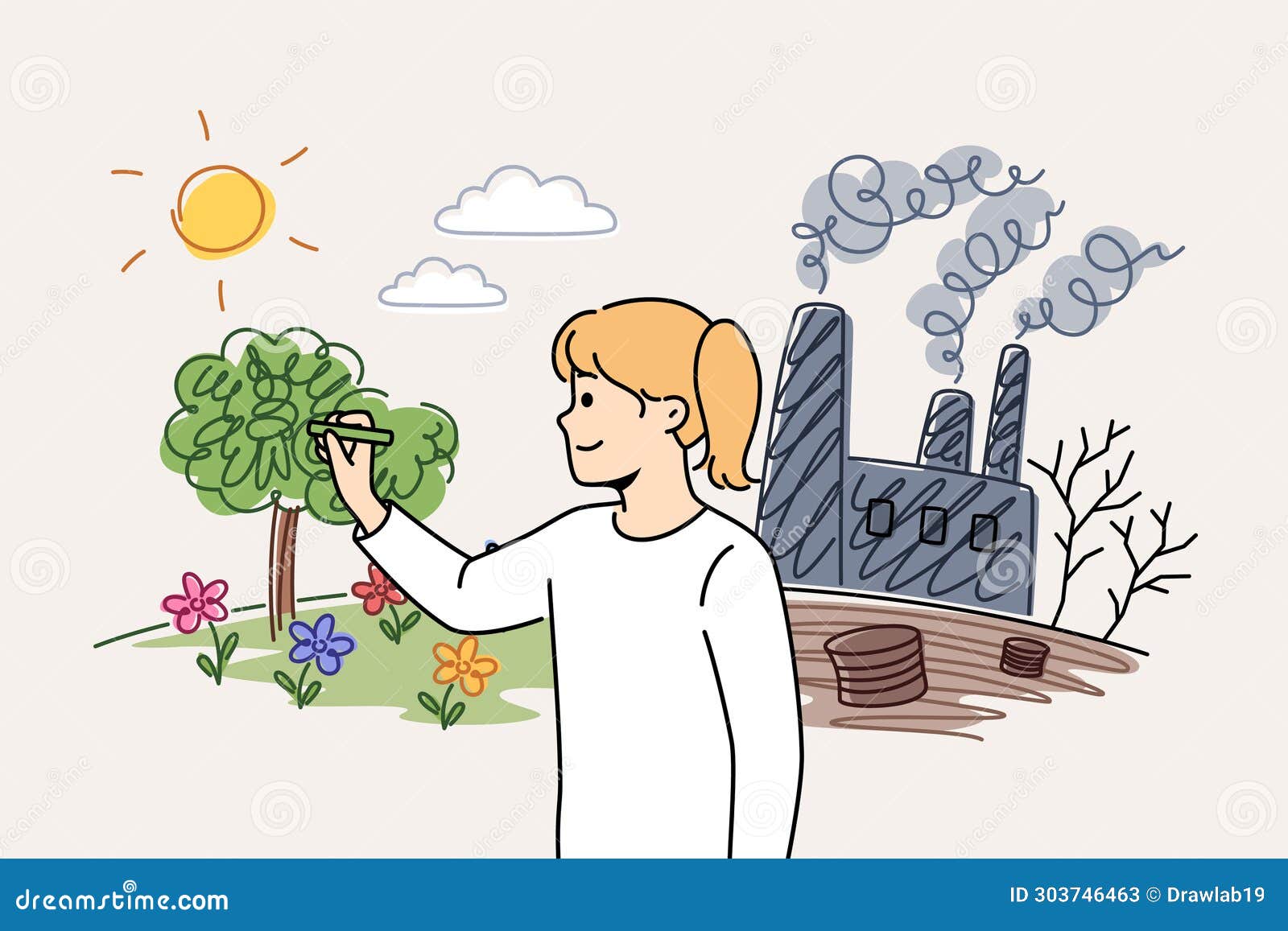 Little Girl Draws Eco Friendly Nature Near Factory, Pollute ... Little Girl Draws Eco Friendly Nature Near Factory, Pollute ...