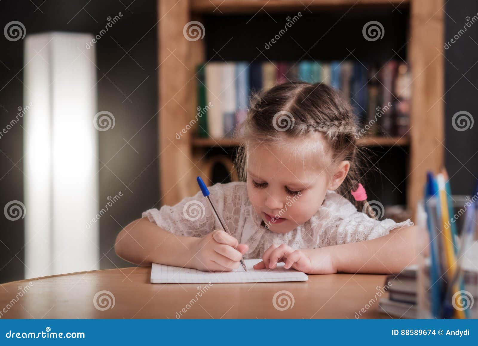 Little Girl Draws, Learns To Write Stock Photo - Image of table, study ...