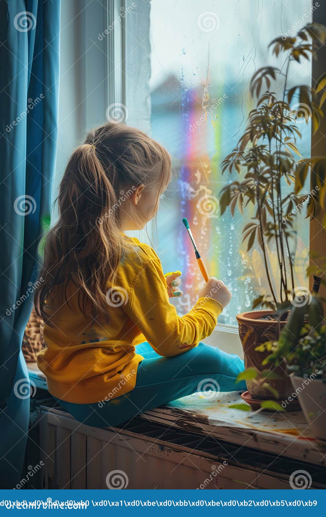 A Little Girl Draws a Rainbow on the Window Stock Image - Image of ...
