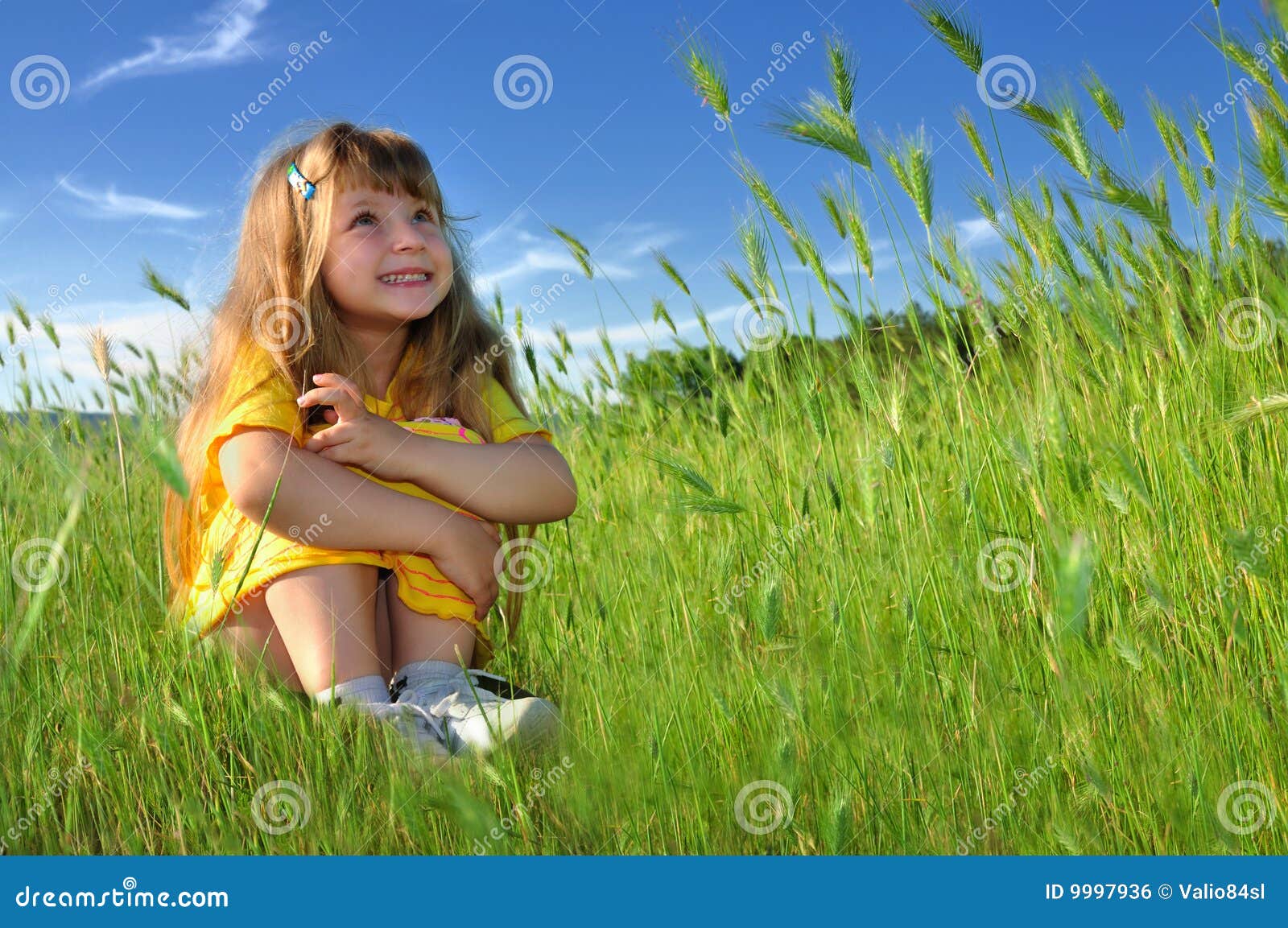 Little Girl Dreaming on the Grass Stock Photo - Image of hair, grass ...