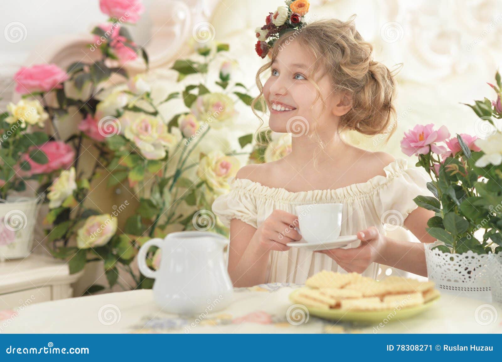 Little girl drinking tea stock image. Image of cheerful - 78308271