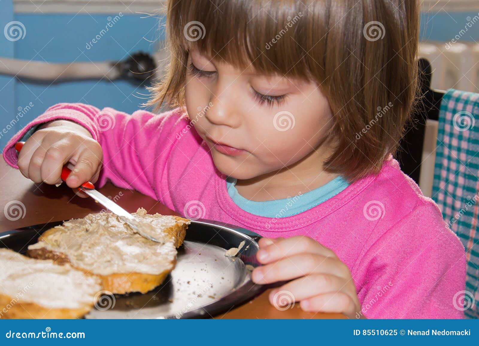 Little Girl Eating Loaf of Bread with Pate Stock Image - Image of ...