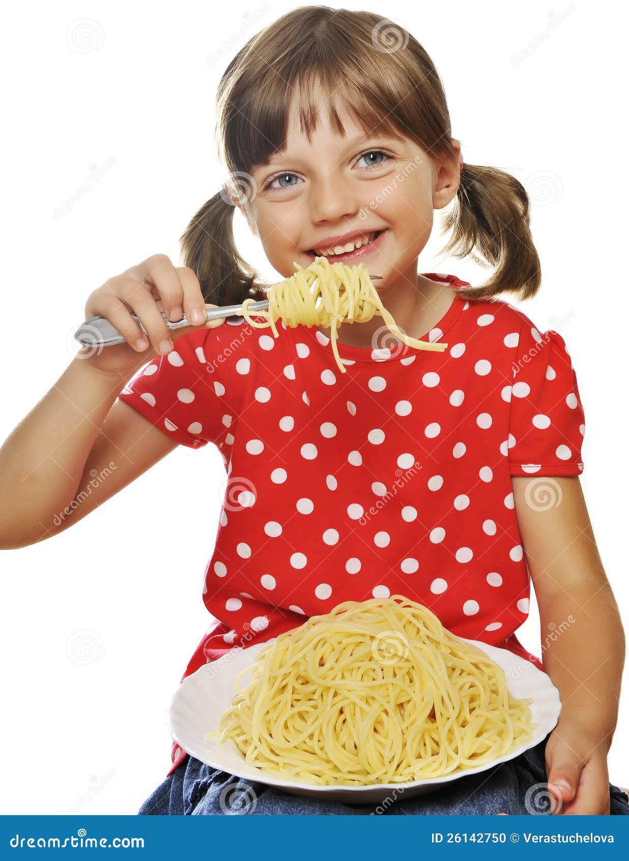 Little Girl Eating Spaghetti Stock Photo - Image of healthy, caucasian ...