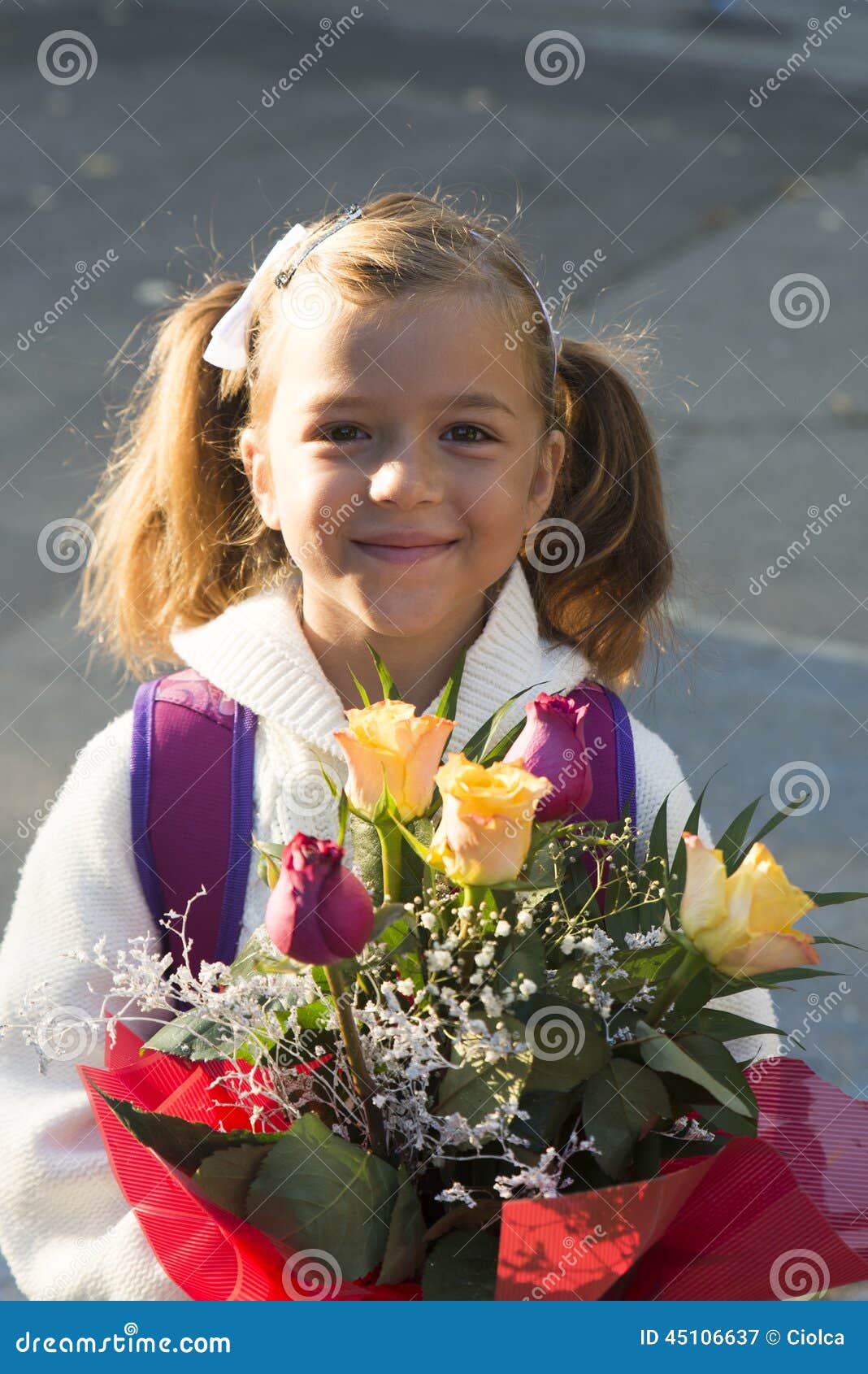 First Day At School. Father Leads Little Child School Girl In First ...