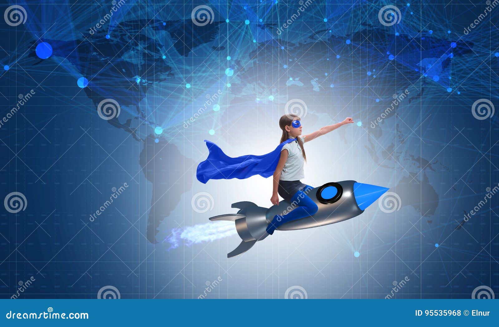 The Little Girl Flying Rocket in Superhero Concept Stock Photo - Image ...