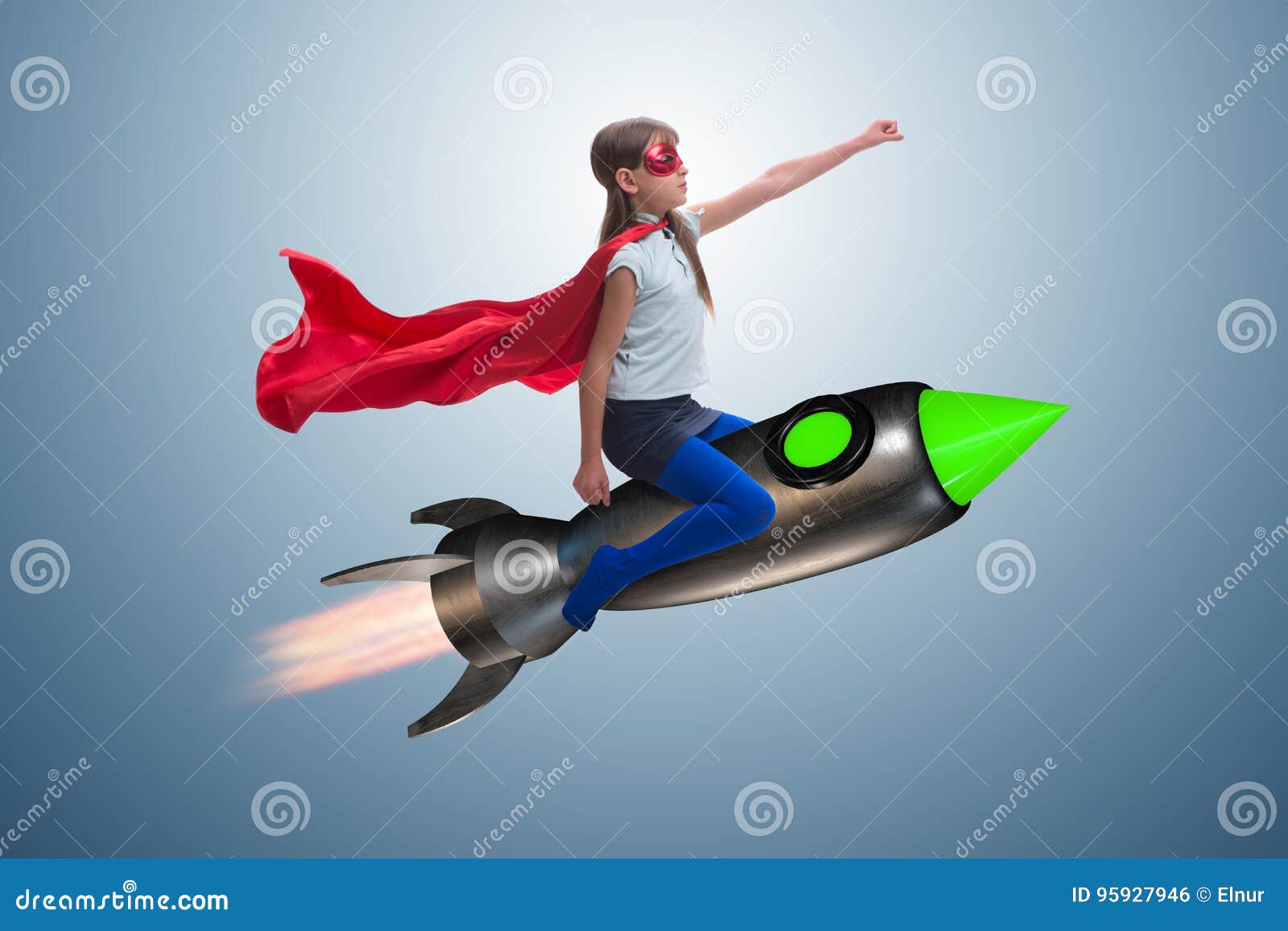The Little Girl Flying Rocket in Superhero Concept Stock Photo - Image ...