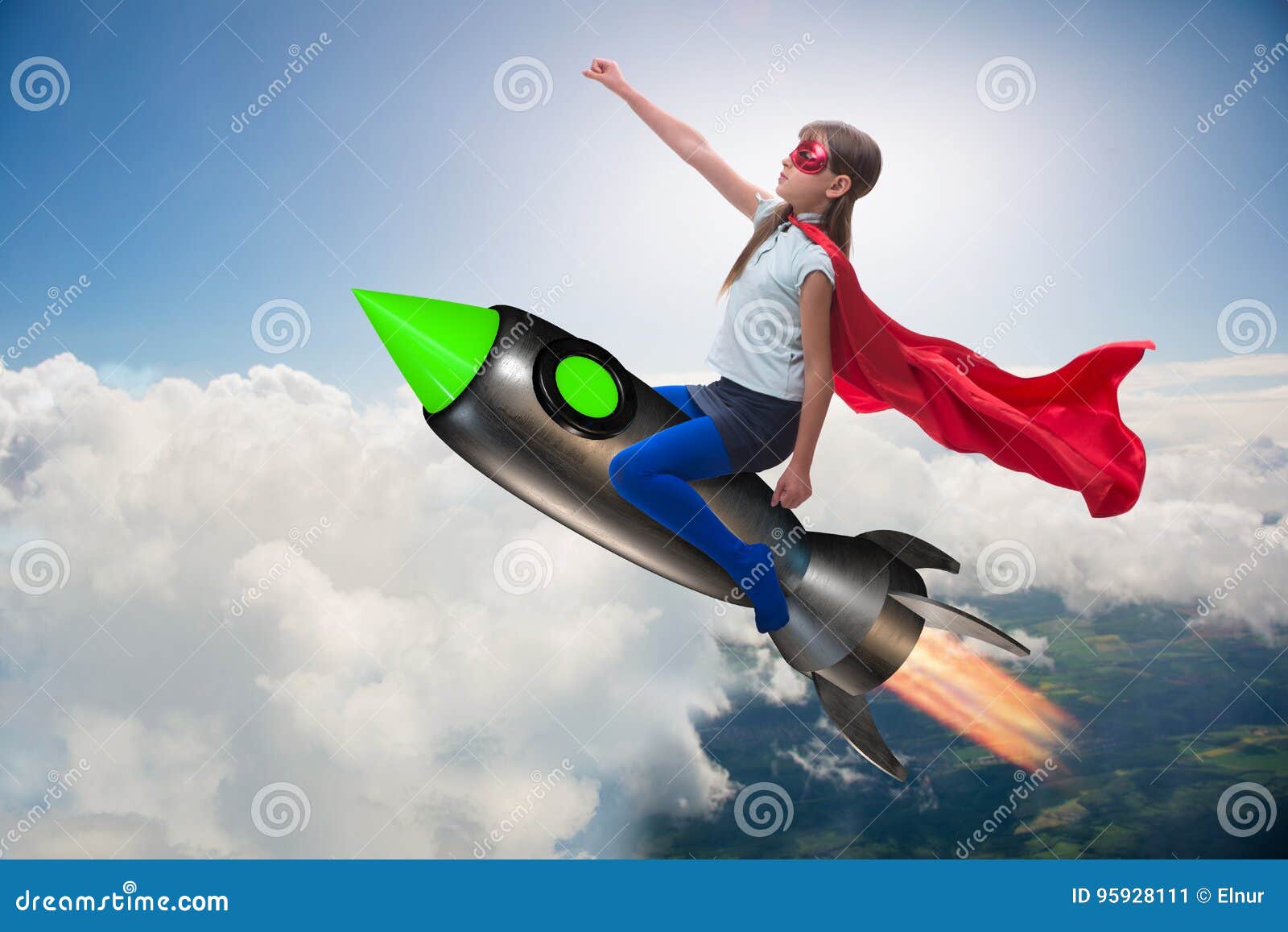 The Little Girl Flying Rocket in Superhero Concept Stock Image - Image ...